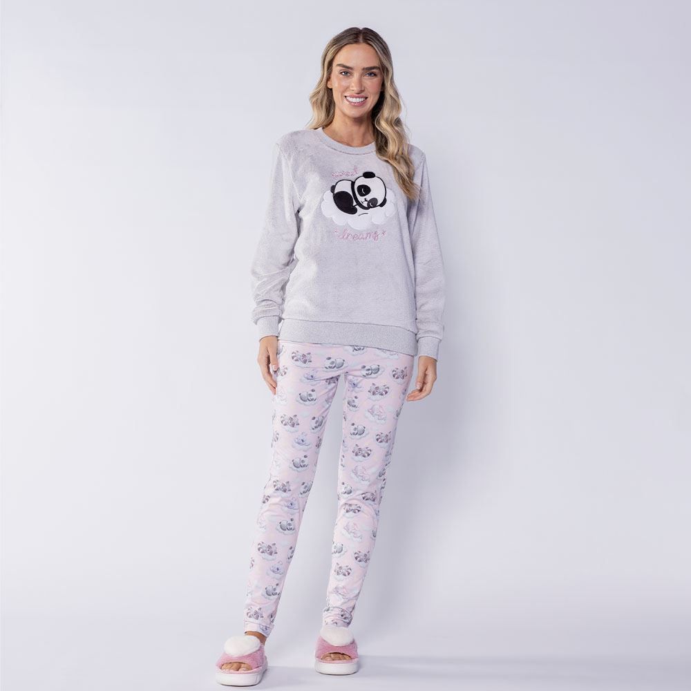 Pijama Feminino Longo Em Fleece Sleepy Panda Camila Moretti Cinza